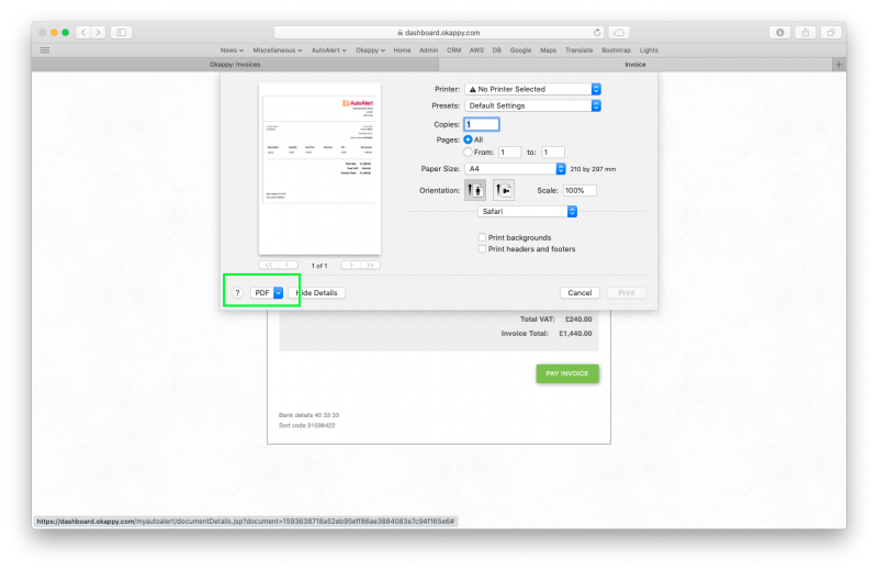 Printing invoices / Saving as PDFs - Okappy